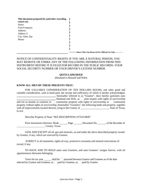 Quitclaim Deed Husband Wife Doc Template Pdffiller