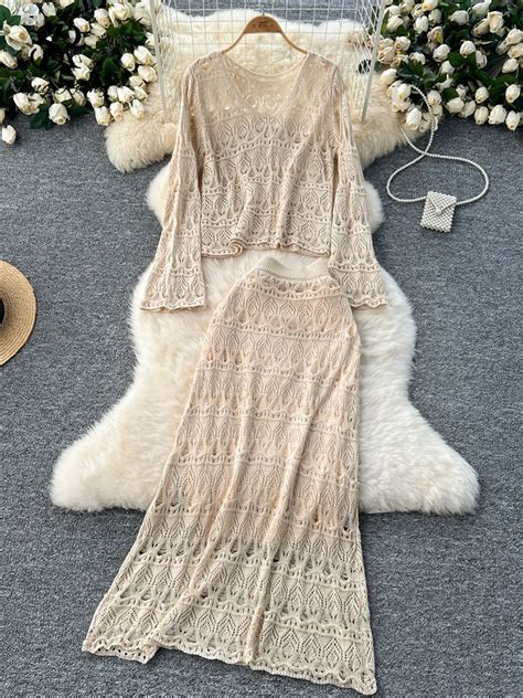 Singreiny Women Casual Knitting Two Pieces Suits Flared Sleeve Hook