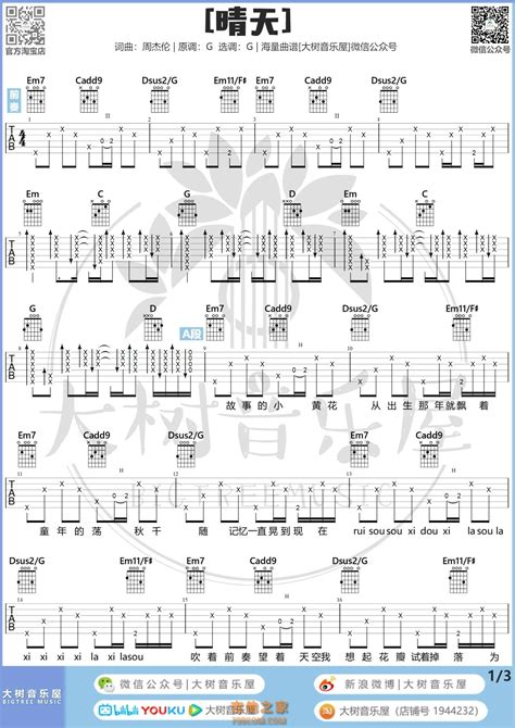 周杰伦《晴天》g调吉他谱及教学视频 大树音乐屋 热门吉他谱教学视频 吉他之家