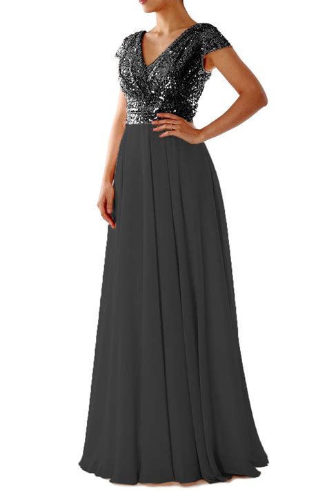 Macloth Women Cap Sleeve V Neck Long Evening Gown Sequin Mother Of