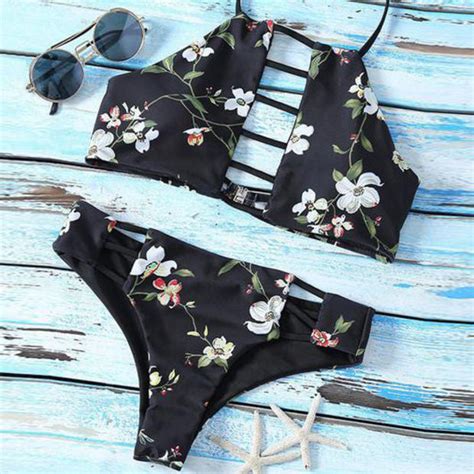Hollow Sexy Floral Print Halter Beach Bikini Set Swimsuit Swimwear