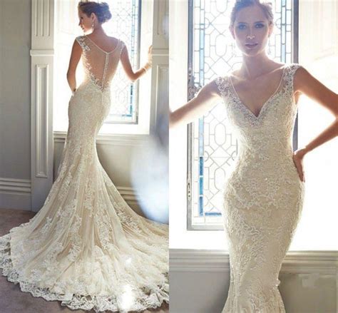 Vintage Ivory Lace Bridal Gowns Long Mermaid Wedding Dresses 6 8 10 12