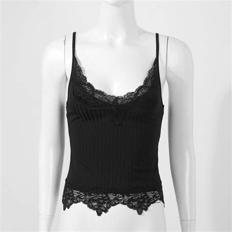 Women Lace Trim V Neck Y2k Crop Top Fairy Grunge Style Ribbed Tees Cami