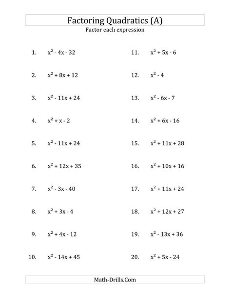 Factoring Quadratic Equations Worksheet Onlineworksheet My Id
