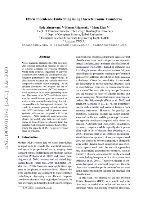 pdf efficient sentence embedding using discrete cosine transform