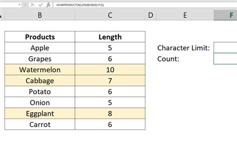how to count values by length using sumproduct n and len functions