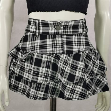 90s Vintage Black White Tartan Mini Skirt Short Flared Check Skirt Yk2