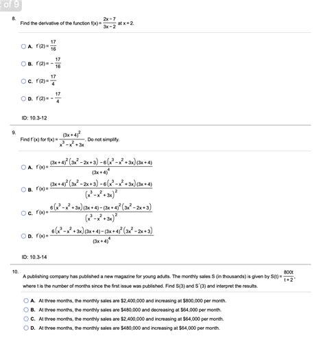 Solved 8 Find The Derivative Of The Function F X 3x−22x−7
