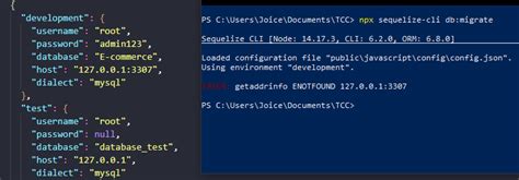javascript erro ao utilizar o db migrate do sequelize getaddrinfo