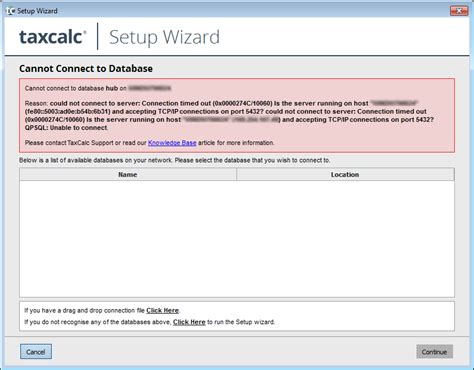 cannot connect to database error message appears when starting taxcalc