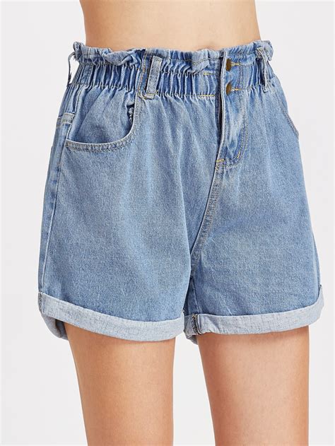Blue Shirred Elastic Waist Rolled Hem Denim Shorts Romwe