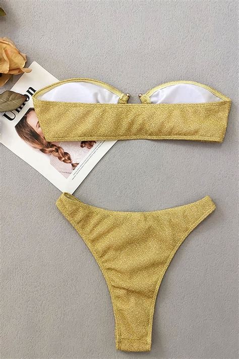 Gold Shimmer Bandeau Bikini Set With Ring Details Floralkini