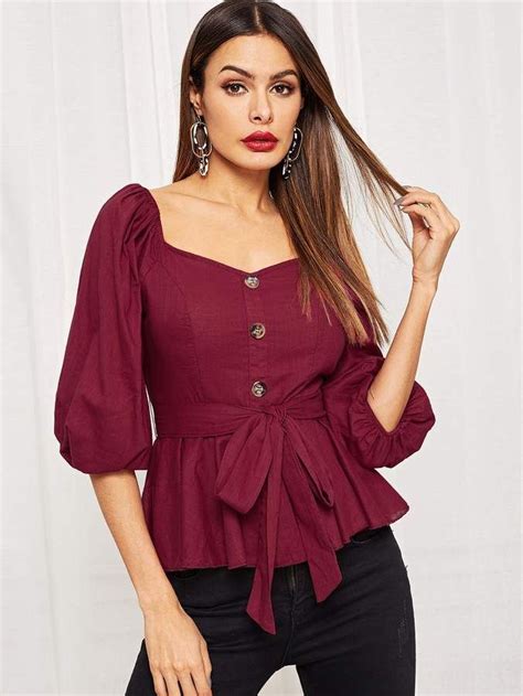 Shein Sweetheart Neck Lantern Sleeve Self Belted Peplum Top Trendy