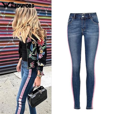 Witsources Women Pencil Denim Pants Mid Waisted Gold Pink Tape Washing