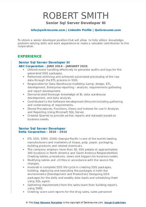 senior sql server developer resume samples qwikresume