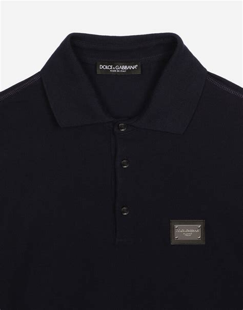 Cotton Piqué Polo Shirt With Branded Tag In Blue For Men Dolceandgabbana®
