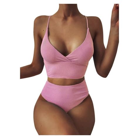 Ichuanyi Women Striped Push Up High Cut Hight Waist Halter Bikini Set