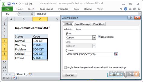 data validation must contain specific text generic formula isnumber