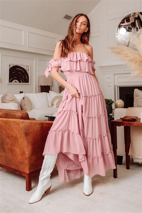 Blush Pink Maxi Dress Off The Shoulder Dress Ruffled Dress Lulus