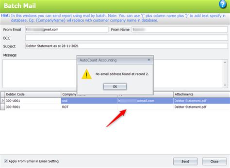 accounting 2 0 prompted message unable send batch mail no email