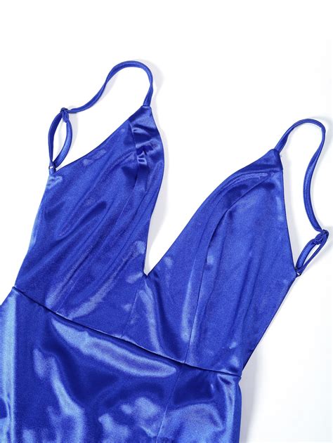 Loveandlemonade Plunge Neck Ruched Backless Split Thigh Satin Cami Formal