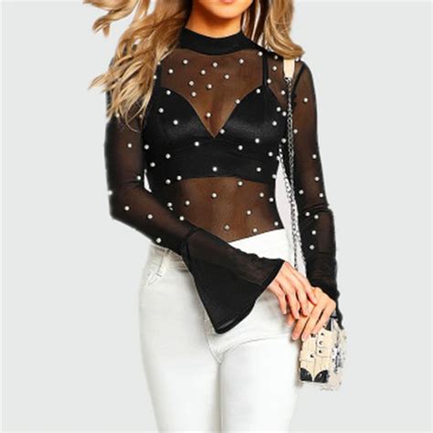 See Through Mesh Beading Bodysuit 2018 Summer Long Flare Sleeve Women