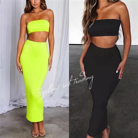 Strapless Crop Top And Long Skirt Set Yellow Sub Trading