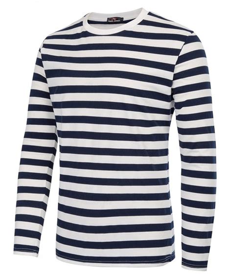 Mens Basic Striped T Shirt Long Sleeve Crew Neck Cotton Shirt Navy