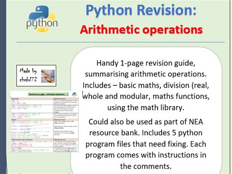 python revision and activities arithmetic operations teaching resources