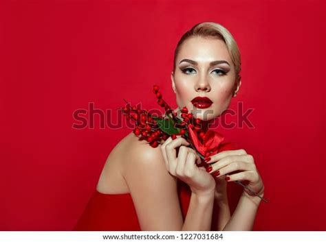 Beautiful Young Girl Red Lipstick On Foto Stock 1227031684 Shutterstock
