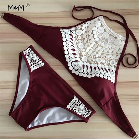 Mandm 2017 Sexy Women Swimsuit Crochet Bikinis Set High Neck Halter