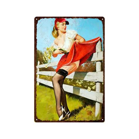 Vintage Tin Pin Up Girl Sign Retro Wall Artwork For Man Cave Bar And