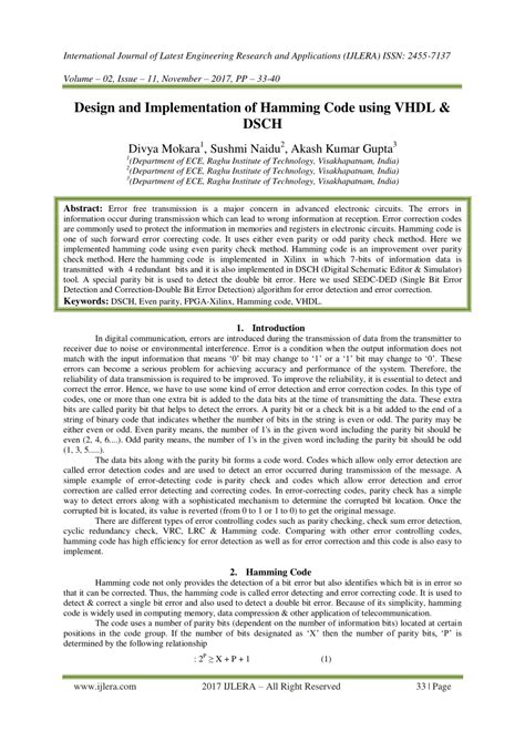 pdf design and implementation of hamming code using vhdl and dsch