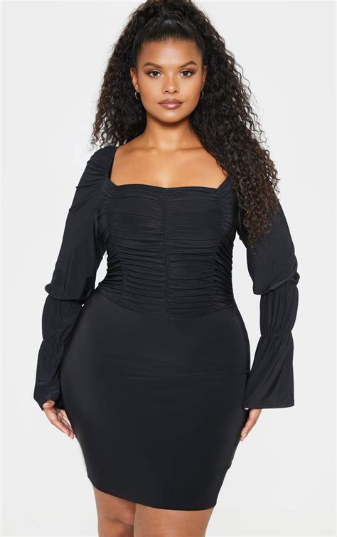 Plus Black Slinky Ruched Top Bodycon Dress Shirred Dress Belted Dress