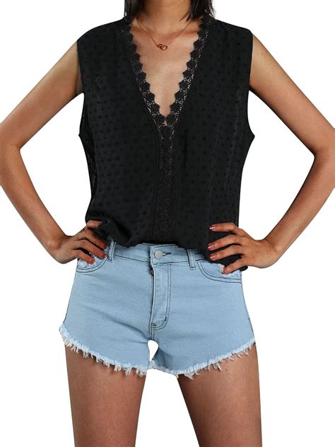 Womens Casual Summer Tank Tops Lace V Neck Sleeveless Camisole Solid