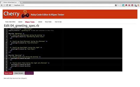 demo of cherry my online ruby code editor and rspec software tester