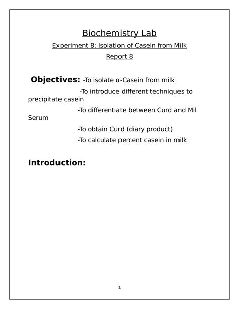 Report 8 Biochemistry Lab Experiment 8 Isolation Of Casein From Milk