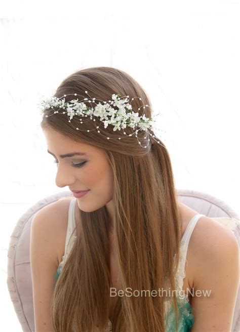 Romantic Wedding White Flower Crown With Pearls Beaded Flower Halo