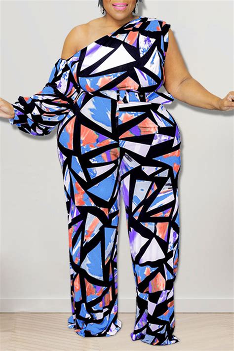 Purple Casual Print Patchwork Oblique Collar Plus Size Jumpsuits Plus