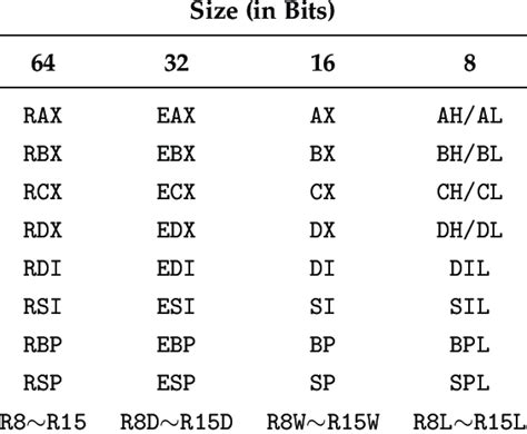 the sixteen x86 64 general purpose registers and their sub registers