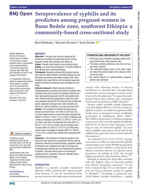 Pdf Seroprevalence Of Syphilis And Its Predictors Among Pregnant