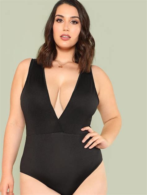 Shein Plus Plunging Solid Bodysuit Bodysuit Curves Clothing Fashion