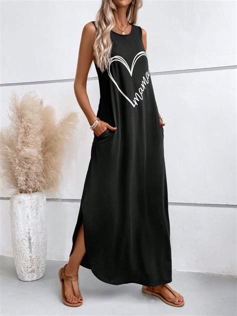 Shein Lune Heart Print Hidden Pocket Split Hem Tank Dress Shein Uk