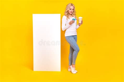 Full Body Photo Of Nice Millennial Blond Lady Hold Telephone Wear Shirt