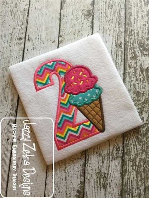 2nd Birthday Double Scoop Ice Cream Cone Appliqué Machine Embroidery