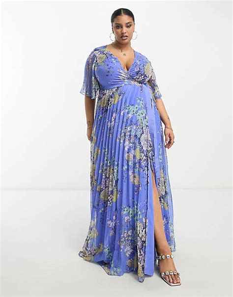 Asos Design Curve Exclusive Pleated Maxi Dress With Kimono Sleeve And