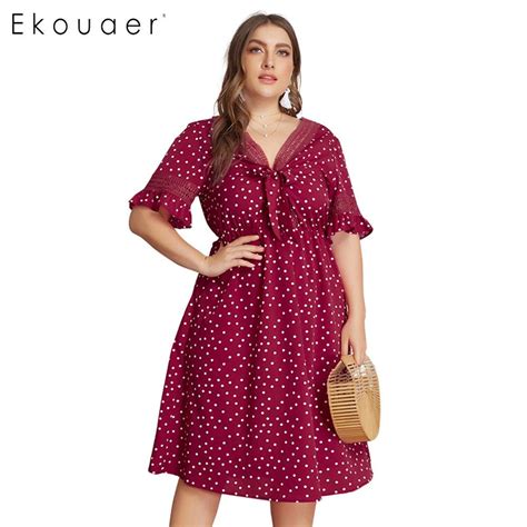 Ekouaer Women Summer Casual Dress Plus Size V Neck Short Sleeve Dot