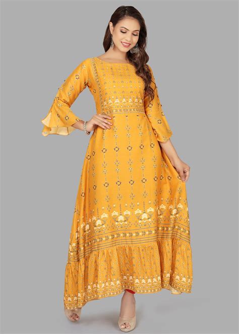 Get Bell Sleeve Detail Mustard Bandhani Printed Dress At ₹ 2500 Lbb Shop
