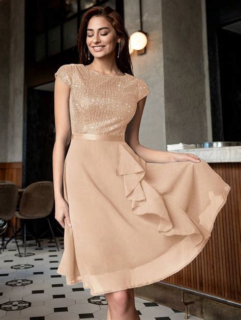 Miusol Sequin Insert Ruffle Trim Chiffon Swing Cocktail Party Dress