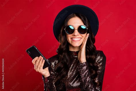 Portrait Of Cheerful Nice Lady Arm On Cheek Toothy Smile Look Camera